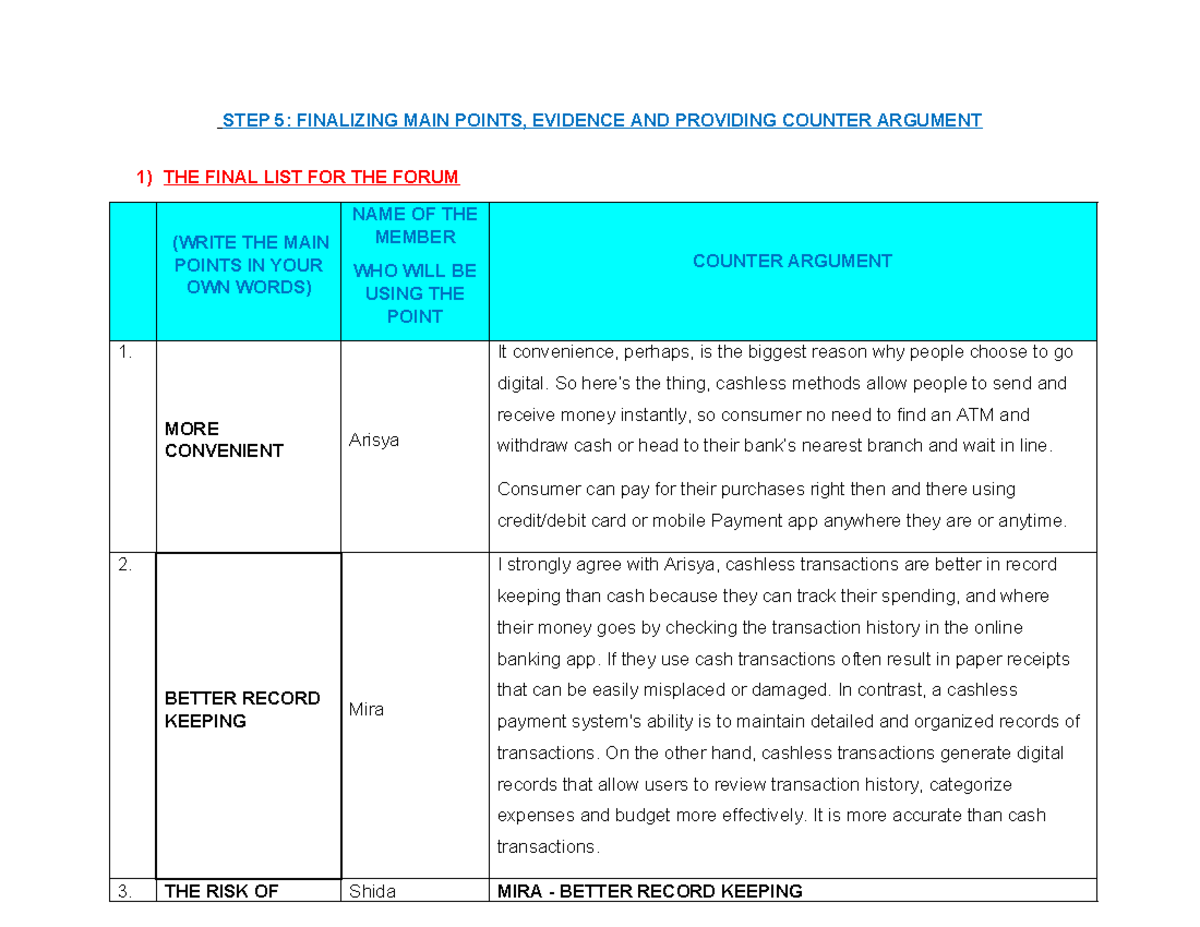 Forum Arrangement Points - STEP 5: FINALIZING MAIN POINTS, EVIDENCE AND ...