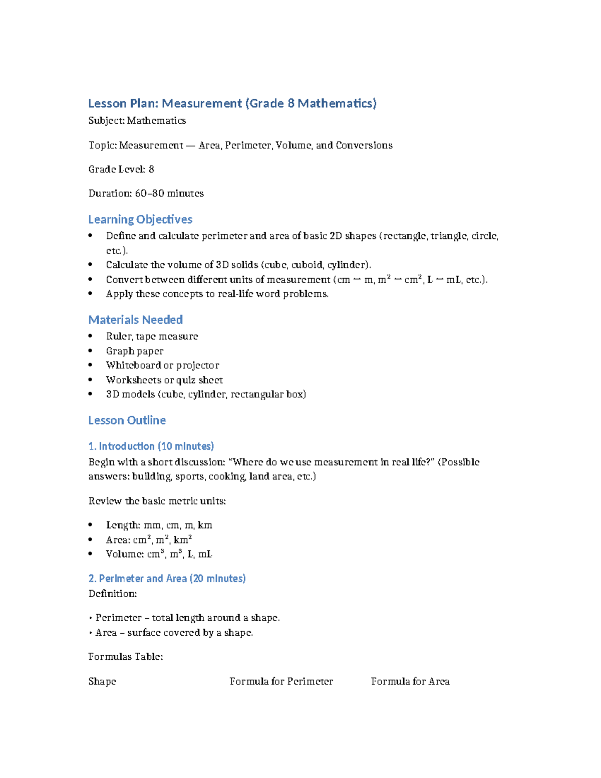 Grade 8 Math Lesson Plan: Measurement of Area, Perimeter & Volume - Studocu