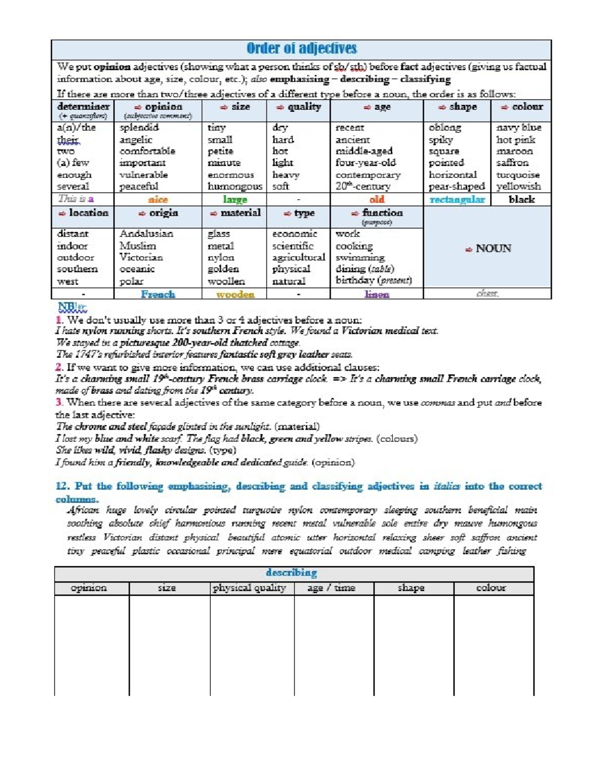 Adjectives Order: Understanding the Sequence and Usage - Studocu