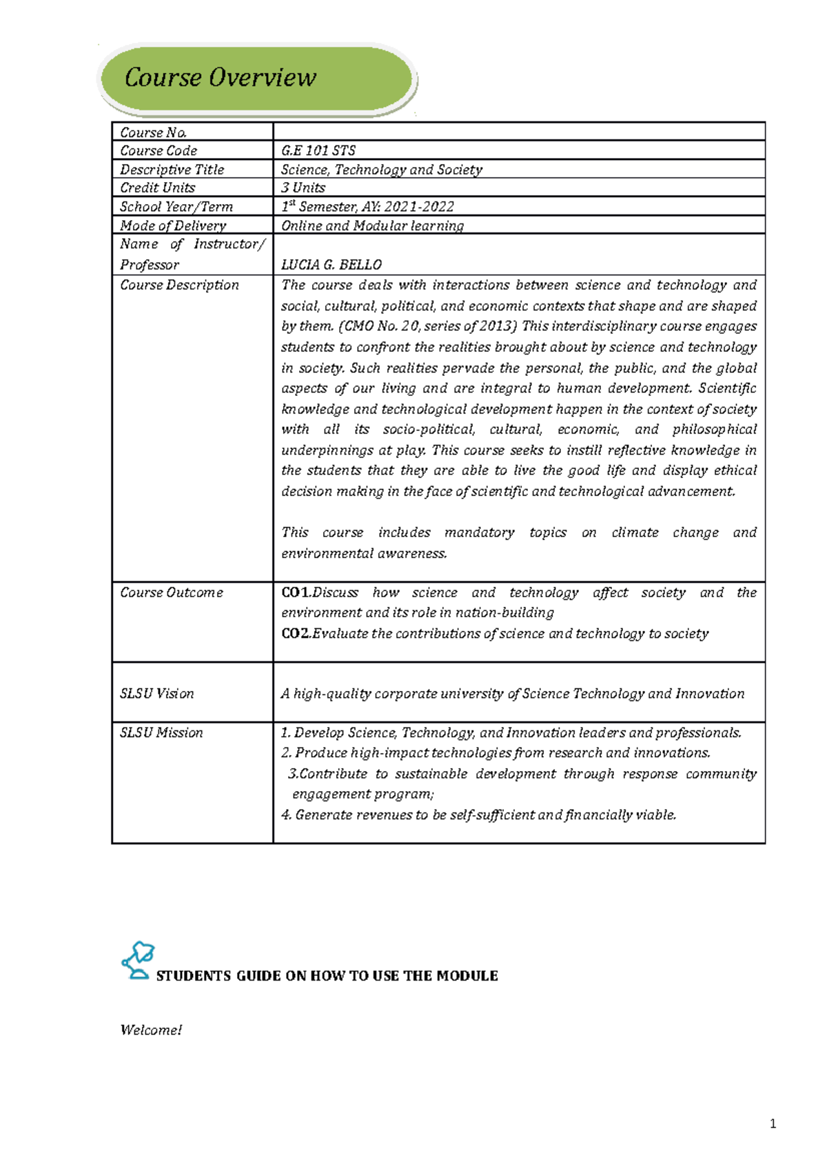 Science, Technology and Society (STS) - Course No. Course Code G 101 ...