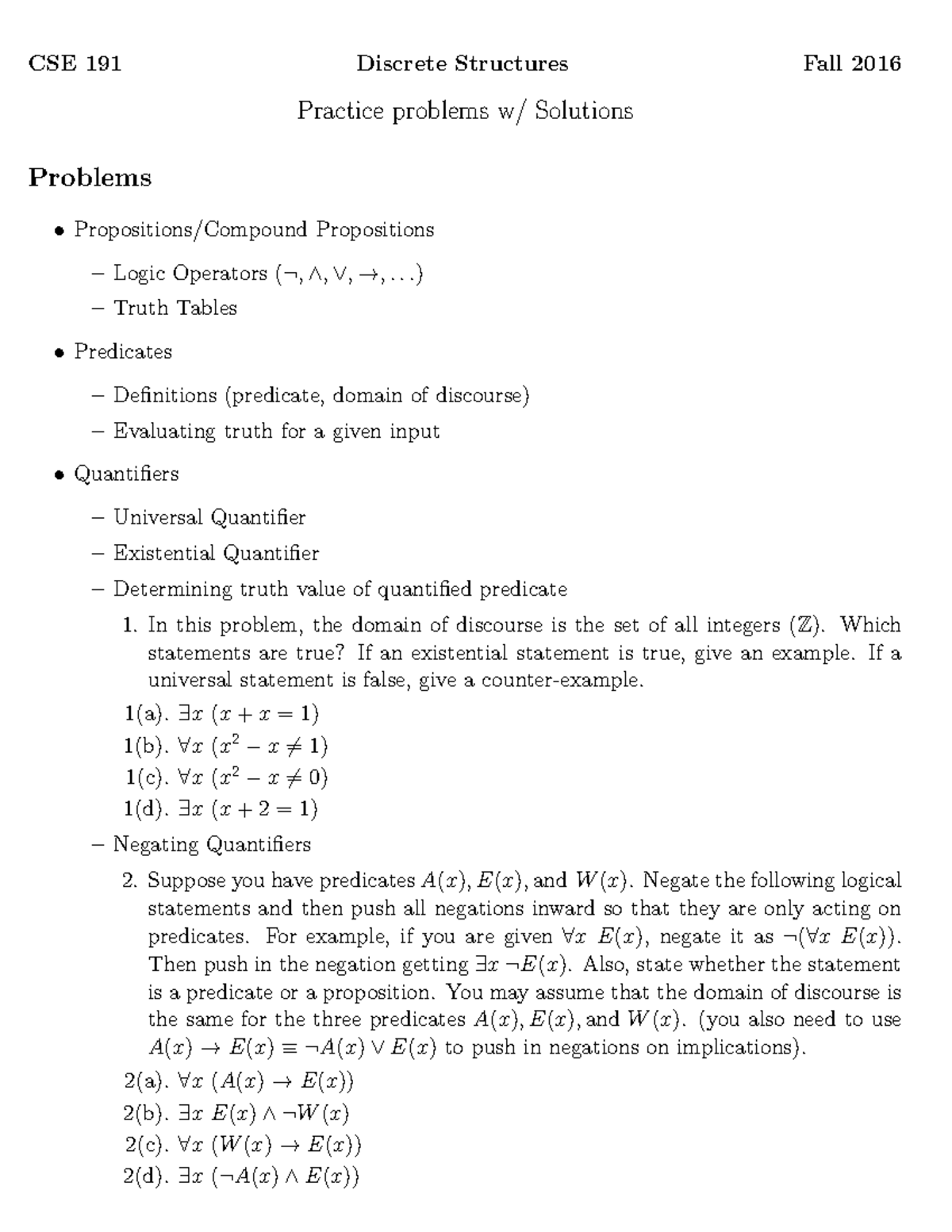 Sample problems piazaa Discrete Math - CSE 191 Discrete Structures Fall ...
