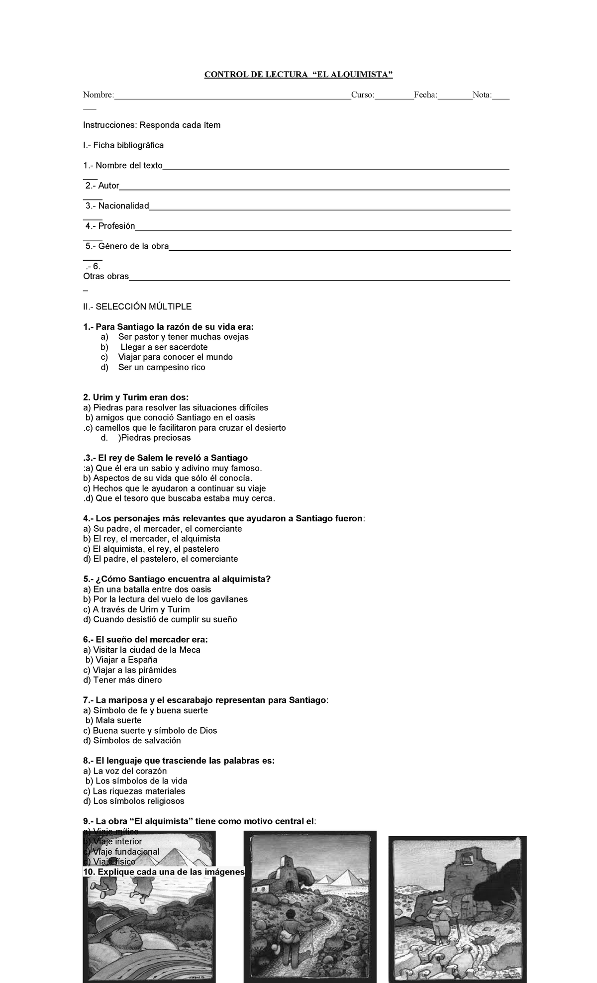 Control de Lectura "El Alquimista" - Preguntas de Selección Múltiple ...