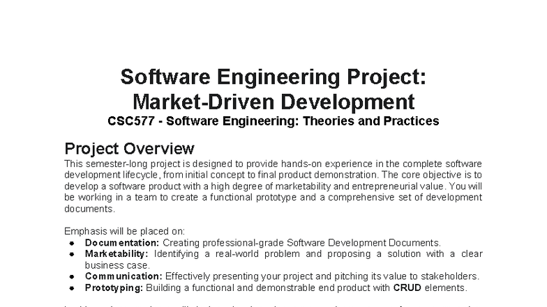 CSC577 Software Engineering Project Overview and Guidelines - Studocu