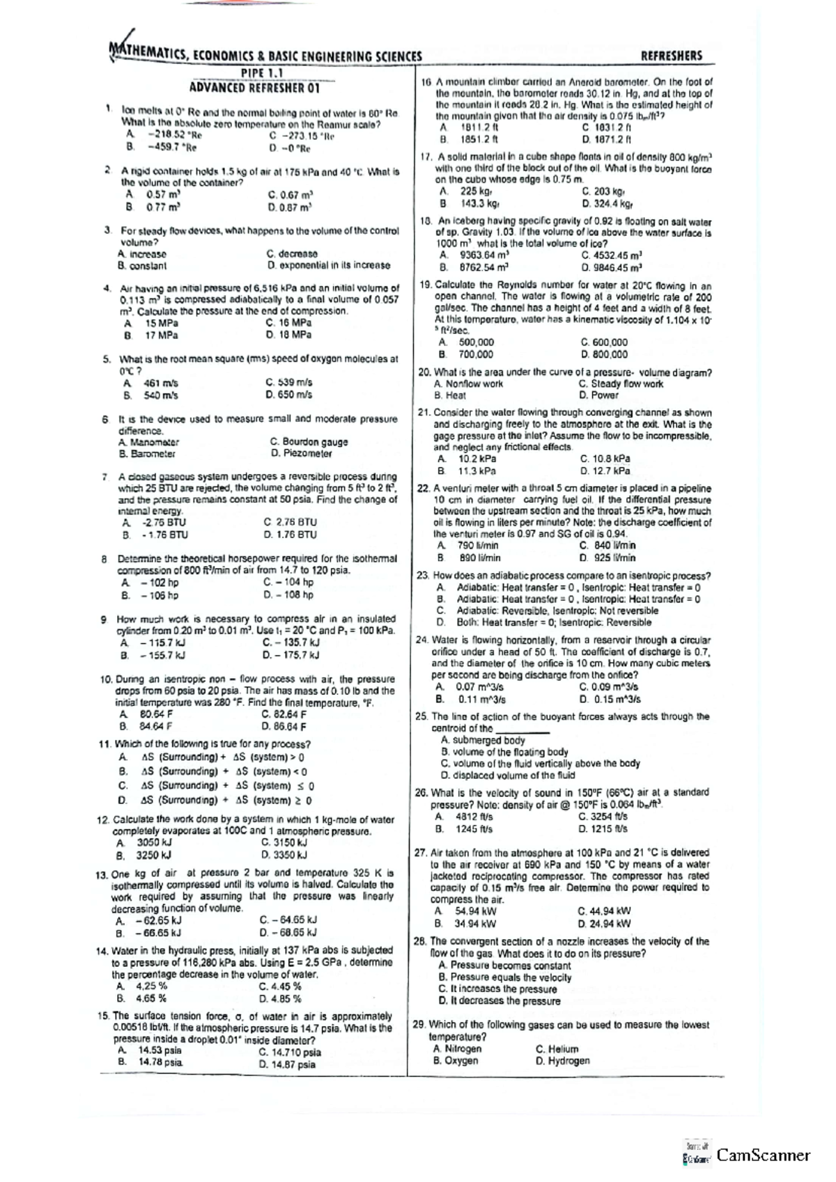 PIPE Refresher 1: Mathematics & Basic Engineering Sciences Review - Studocu