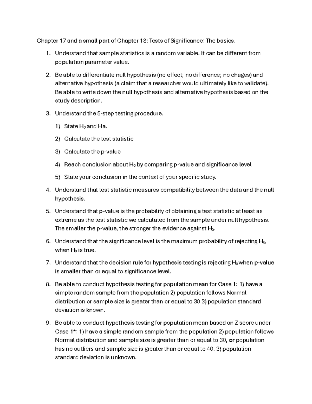 Inference and Hypothesis Testing for Population Means - Stats 101 - Studocu