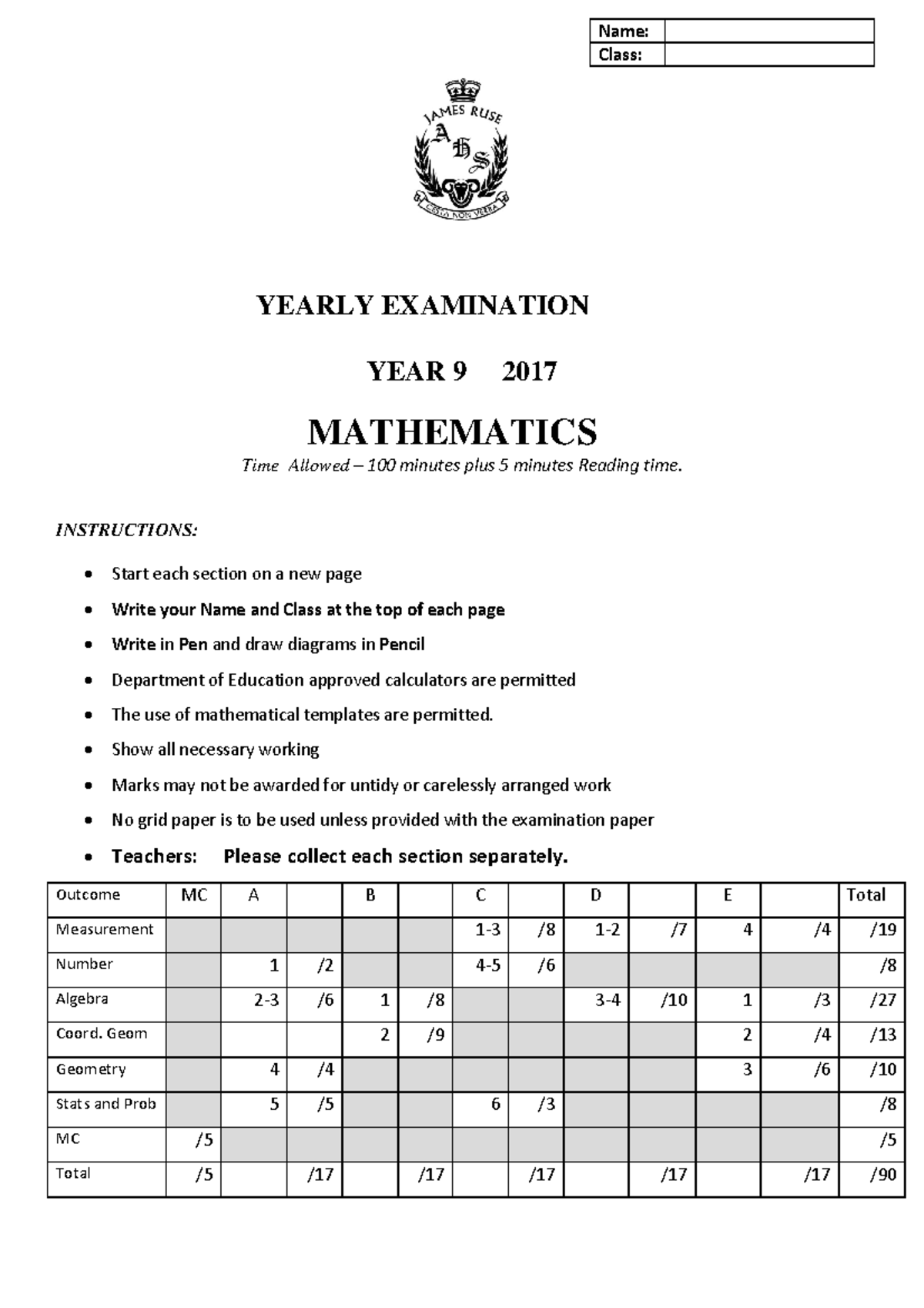 James Ruse Year 9 Maths 2017 Yearly Examination Guide - Studocu