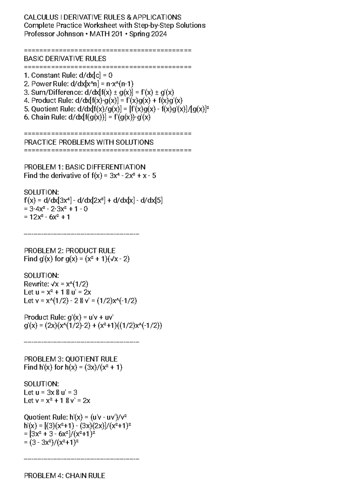 MATH 201 Spring 2024 Derivative Rules Practice Worksheet - Studocu