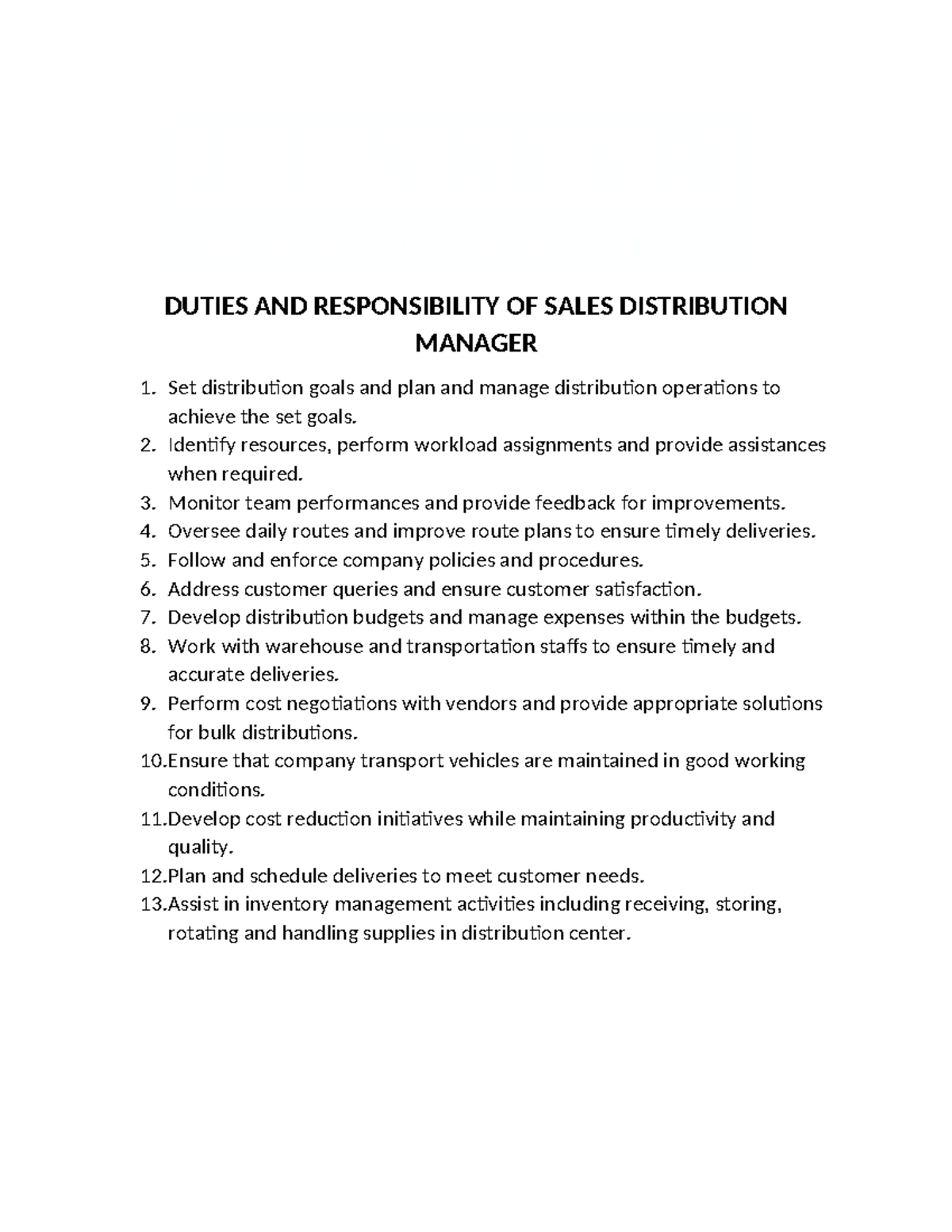 DUTIES & RESPONSIBILITIES OF SALES DISTRIBUTION MANAGER - Studocu