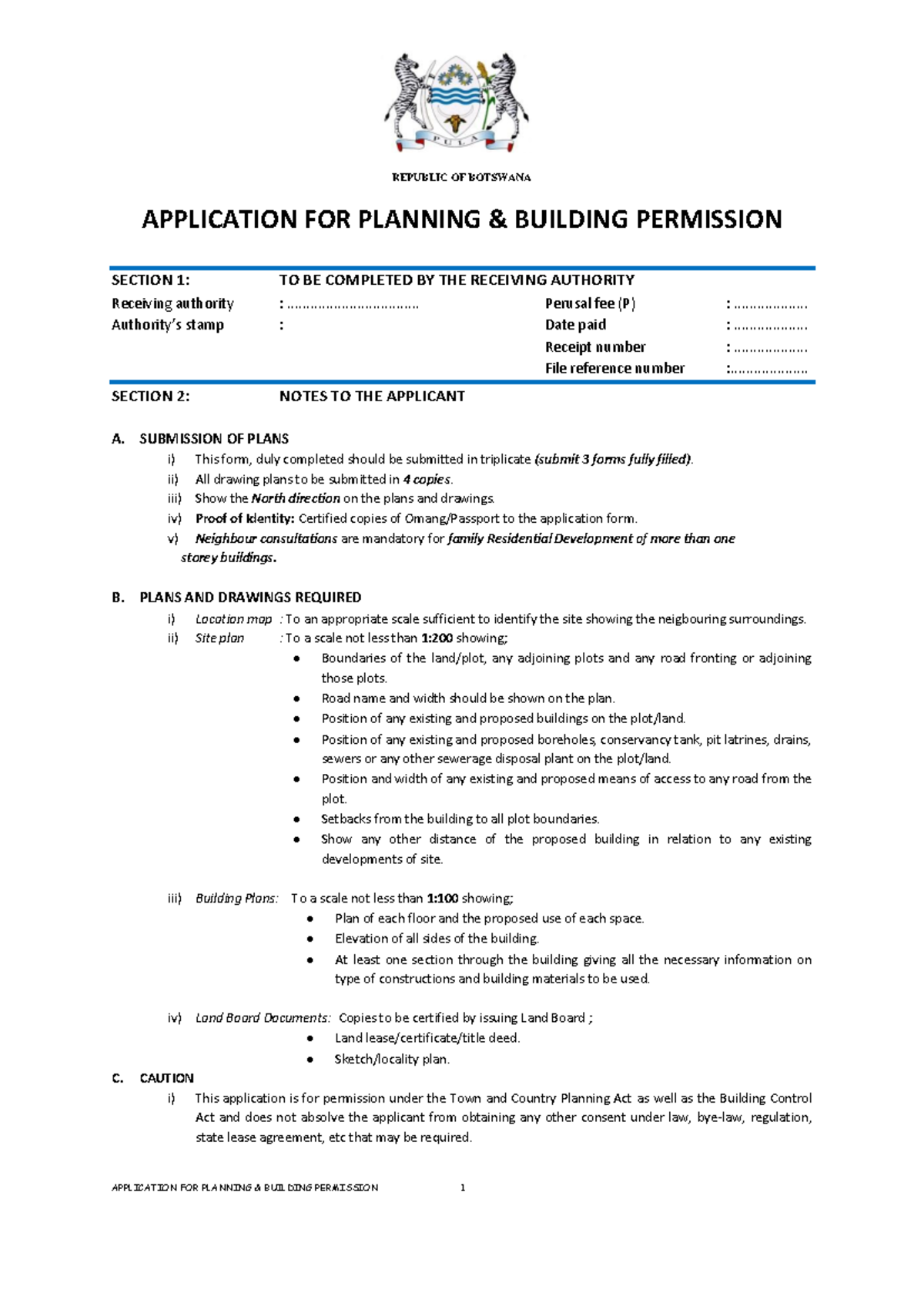 Application for Planning & Building Permission Form (Botswana) - Studocu