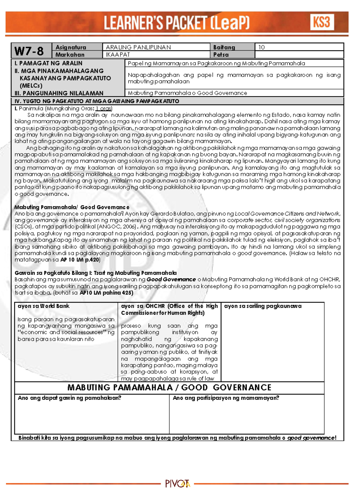 Q4 AP10 Baitang 10 - Gawain at Talaan ng Mabuting Pamamahala - Studocu