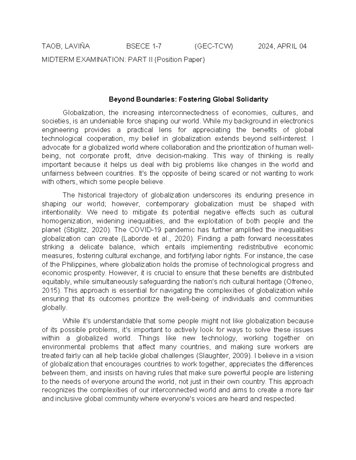 BSECE 1-7 (GEC-TCW) 2024 Midterm: Position Paper on Globalization - Studocu