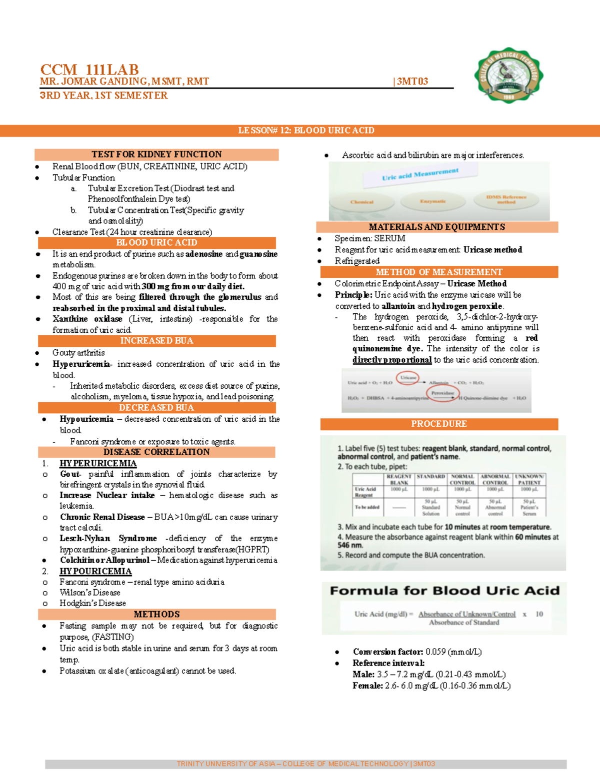 CCM_111LAB: Lesson 12 - Blood Uric Acid and Kidney Function Tests - Studocu