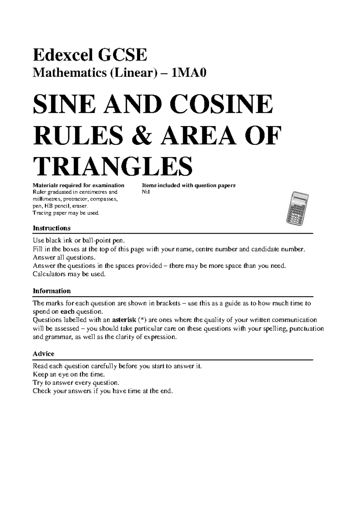 Edexcel GCSE Maths 1MA0: Sine & Cosine Rules, Area of Triangles Exam ...