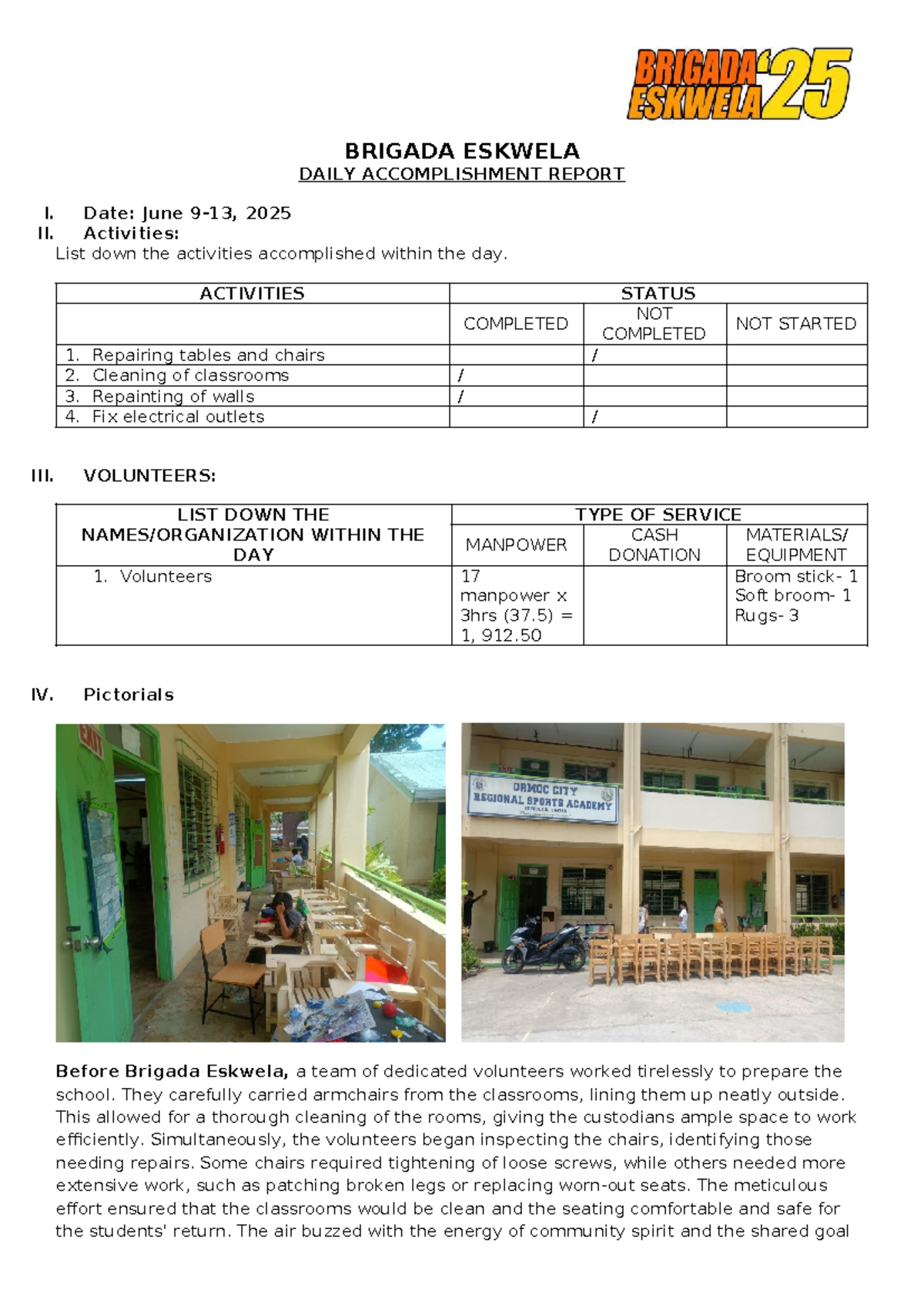 Brigada Eskwela 2025: Daily Accomplishment Report - Studocu
