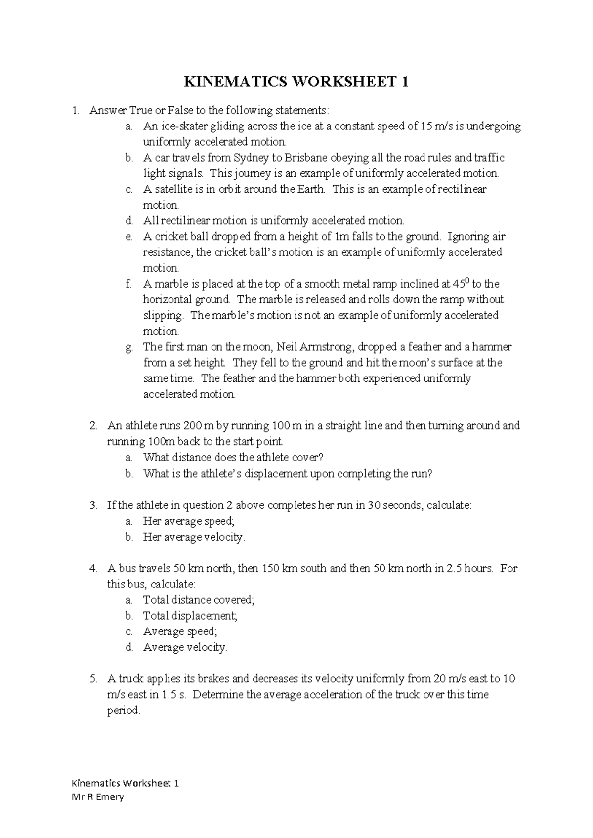 Kinematics Worksheet 1: Understanding Motion Concepts and Calculations ...