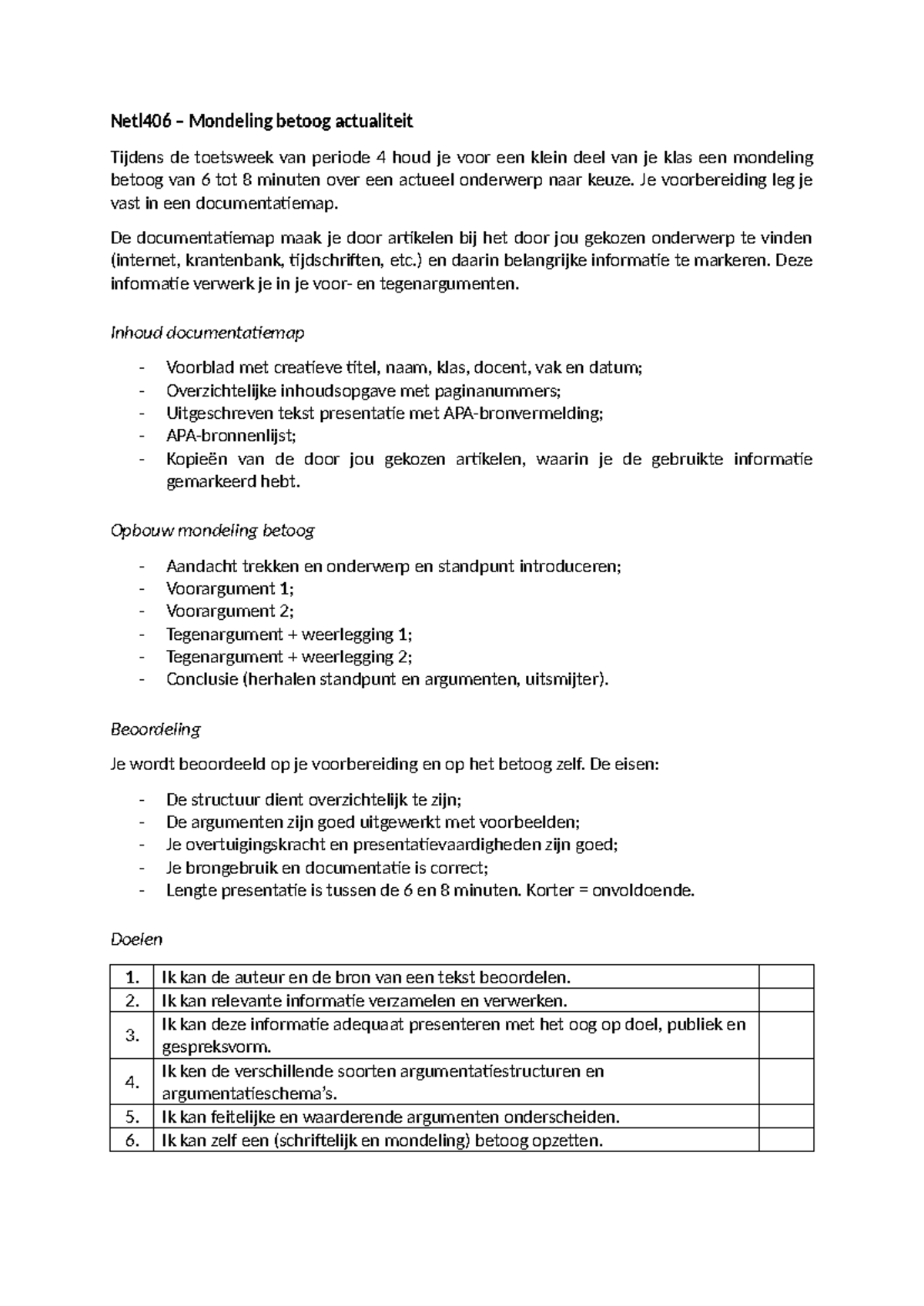 Netl406 Mondeling Betoog: Voorbereiding en Structuur - Studeersnel