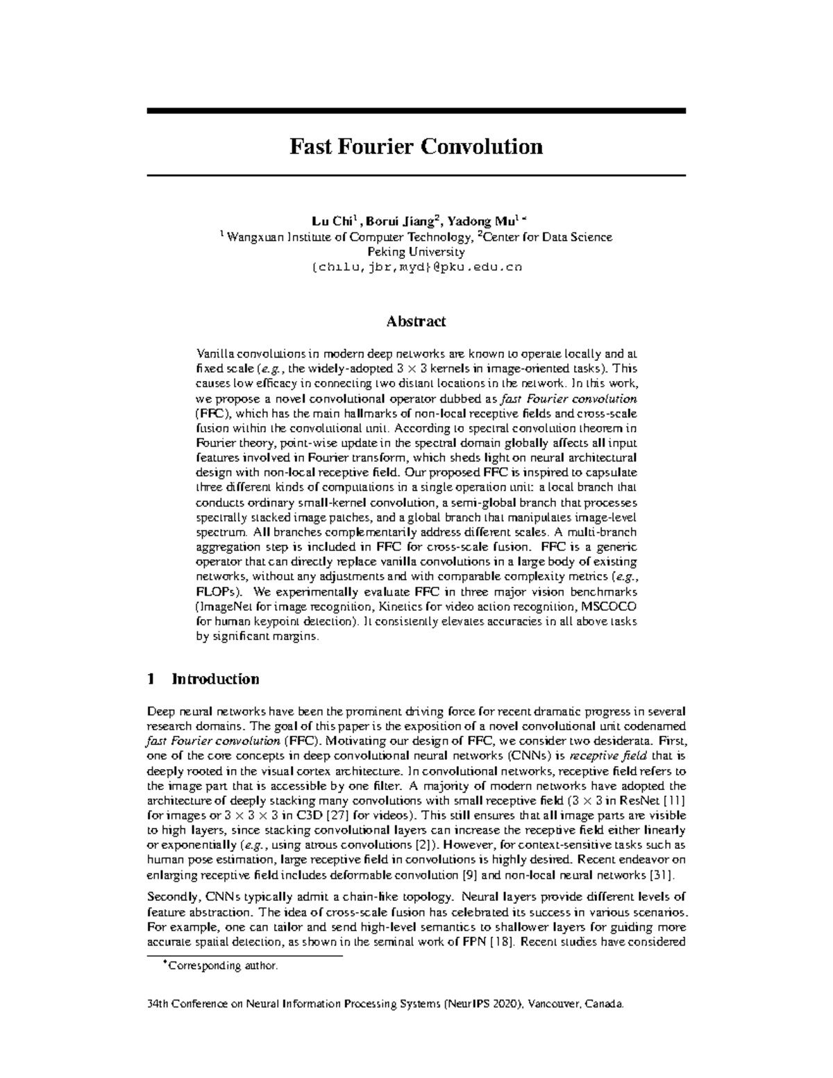 Neur IPS 2020 fast fourier convolution Paper - Fast Fourier Convolution ...