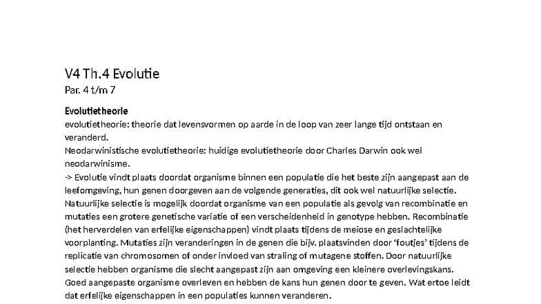 V4 Th.4 Samenvatting van de Evolutietheorie en Genetische Variatie ...