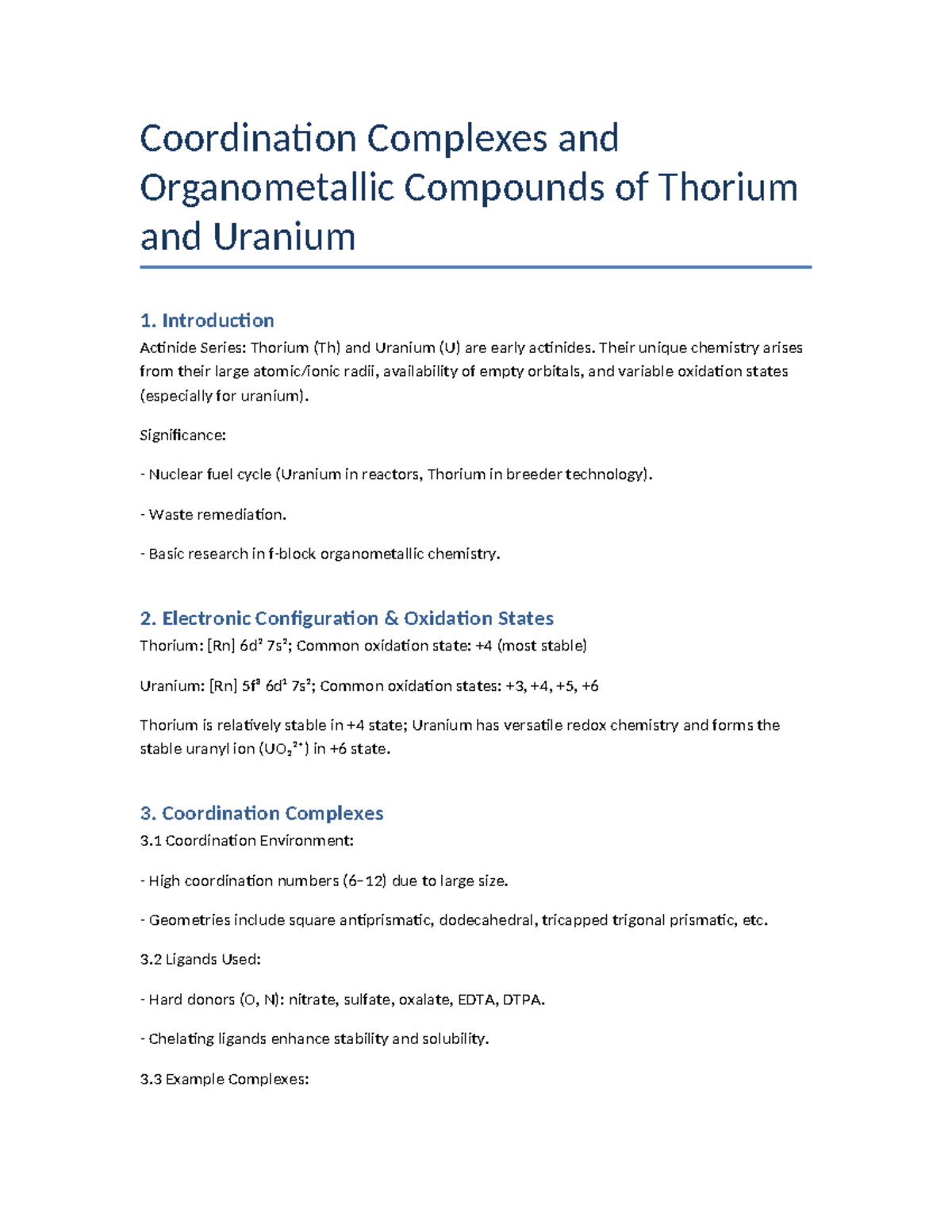 Thorium Uranium Chemistry - Coordination Complexes and Organometallic ...