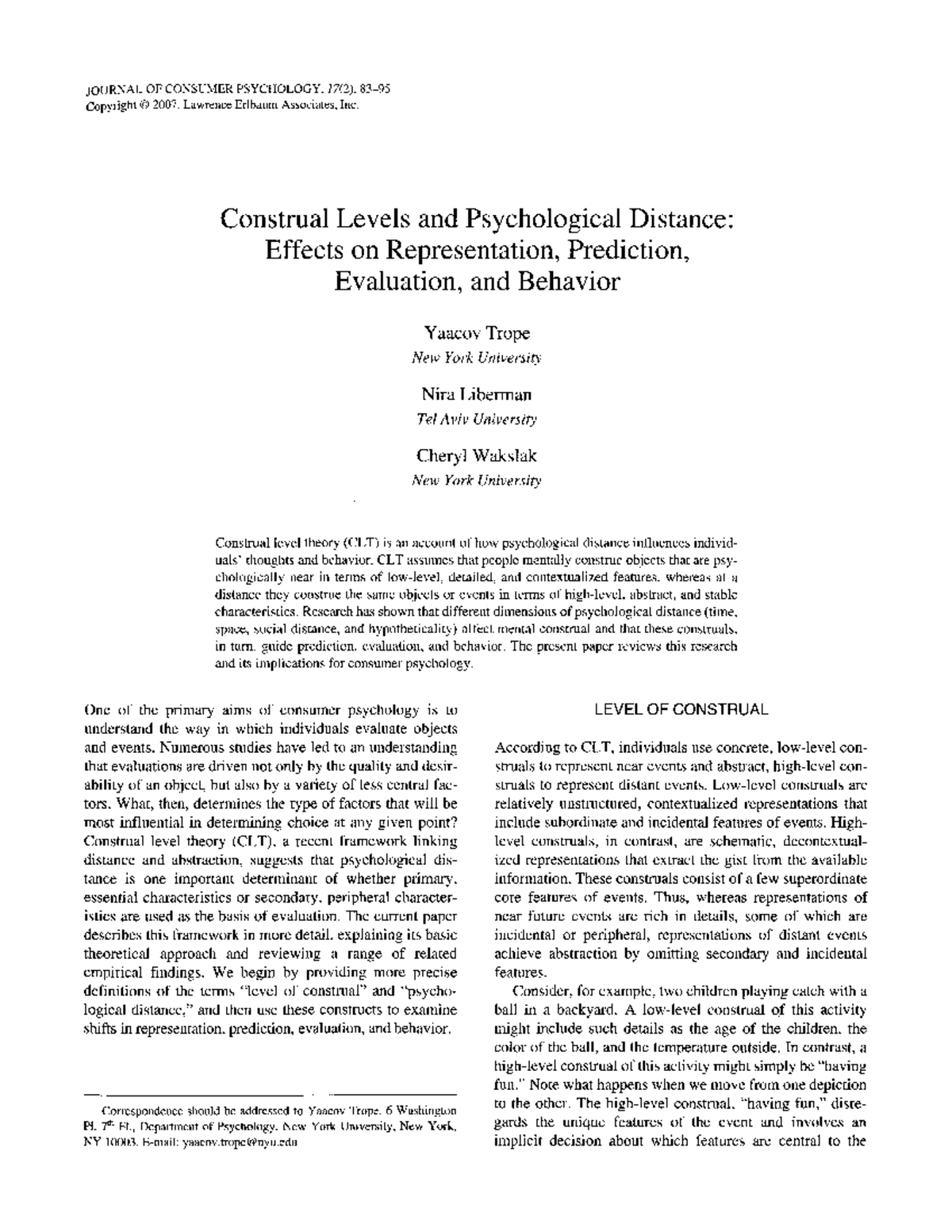 Construal Levels and Psychological Distance in Consumer Psychology ...