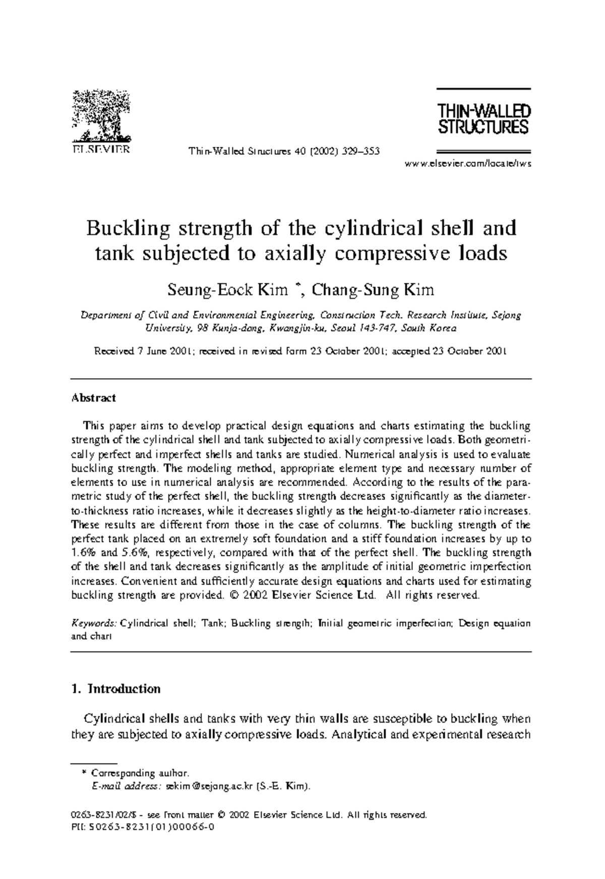 Buckling Strength of Cylindrical Shells and Tanks under Axial Loads ...