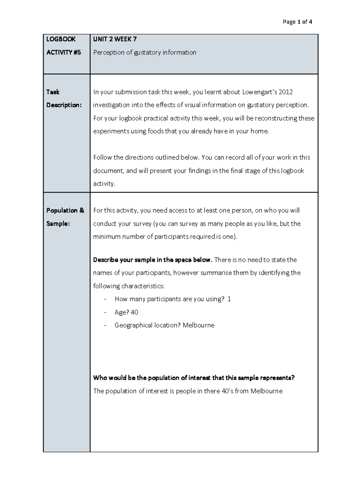 Psychology U2 W7 - Logbook Activity on Gustatory Perception - Studocu