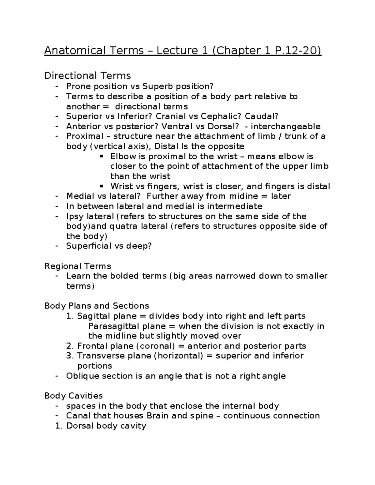 Anatomical Terms Lecture 1: Directional Terms & Body Planes - Studocu