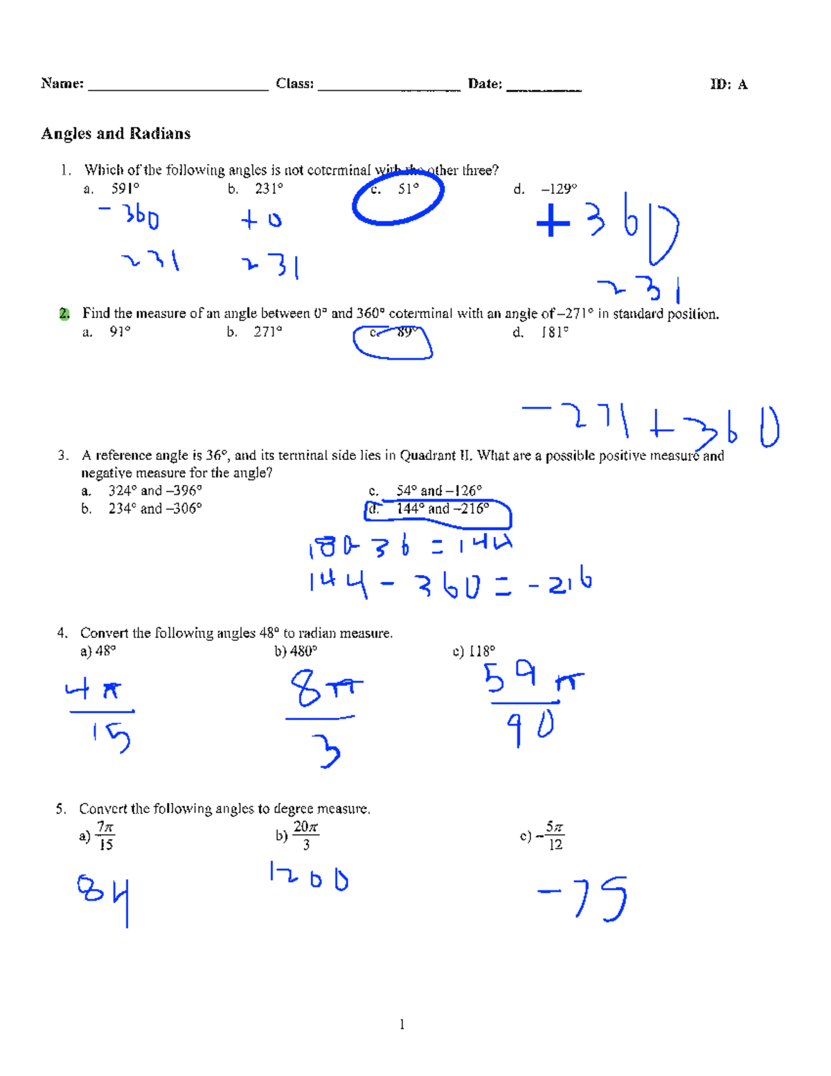 Trig Unit Circle Homework: Angles, Radians, and Coterminal Angles - Studocu