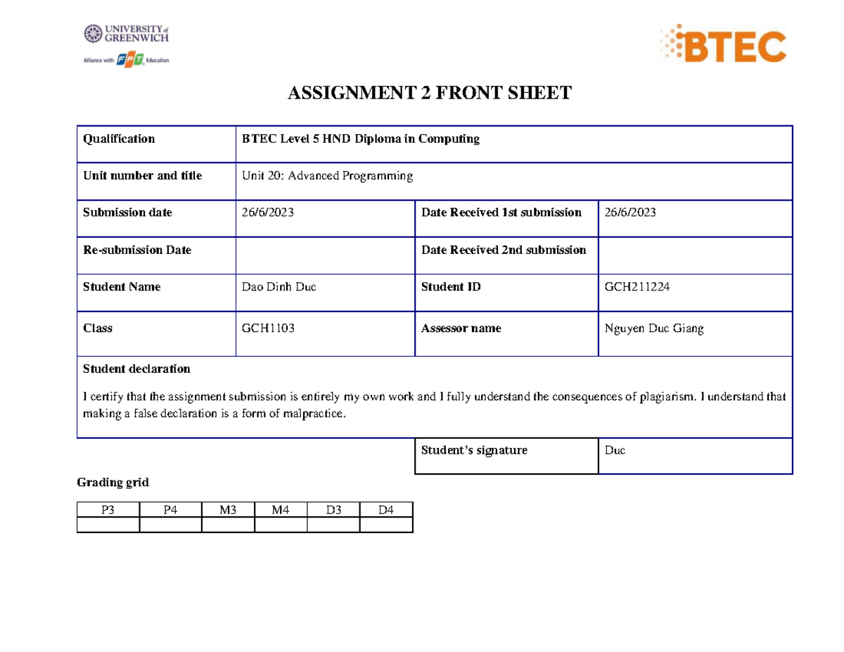Unit 20: Advanced Programming - Assignment 2 Overview - Studocu