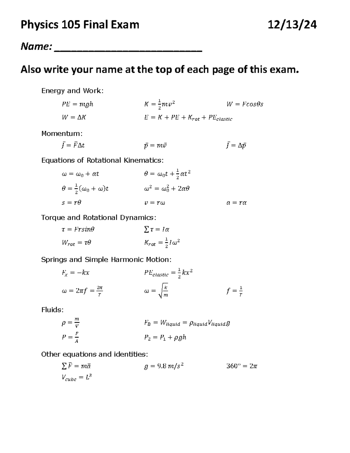 Physics 105 Final Exam Study Guide - Fall 2024 - Studocu