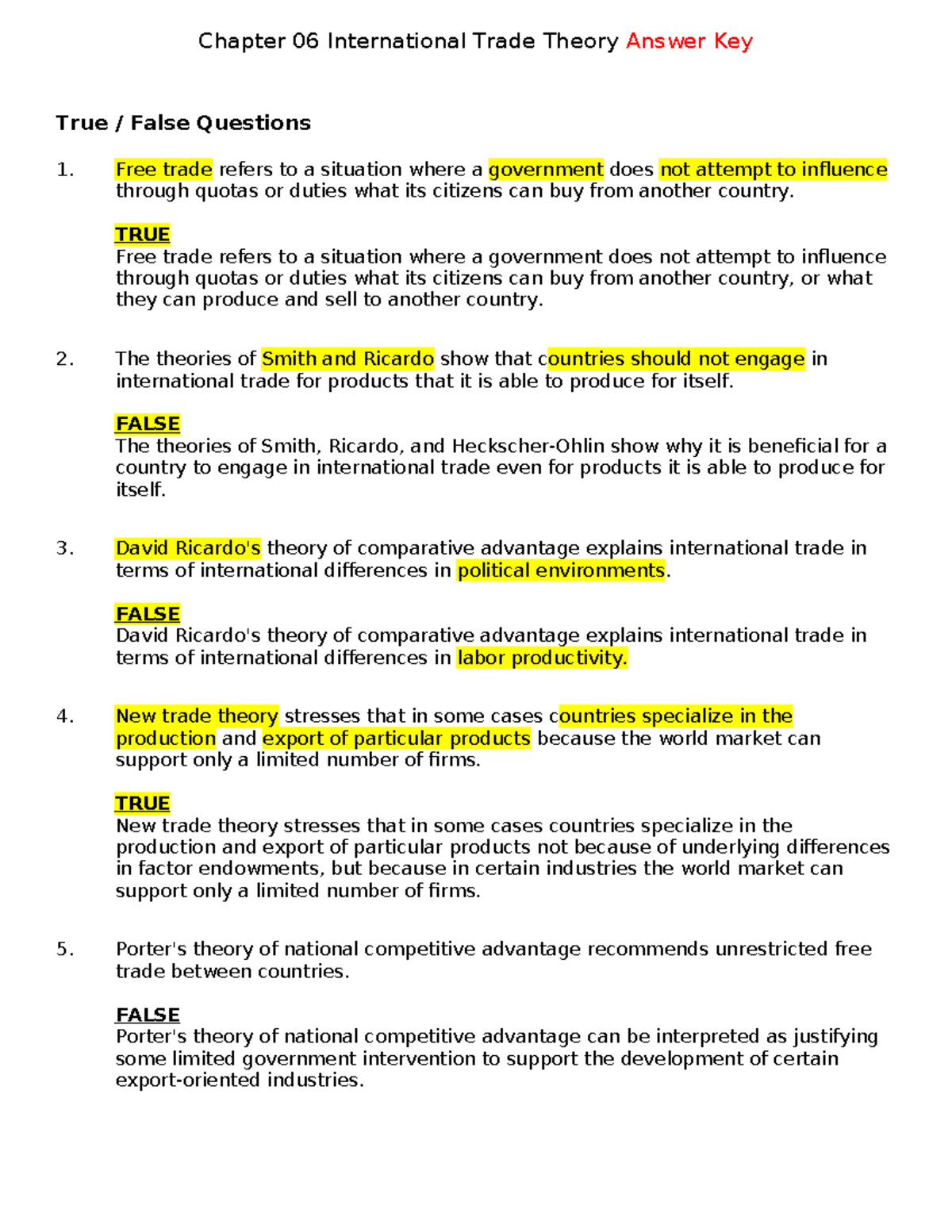 International Trade Theory IB Testbank: Chapter 06 Answer Key - Studocu