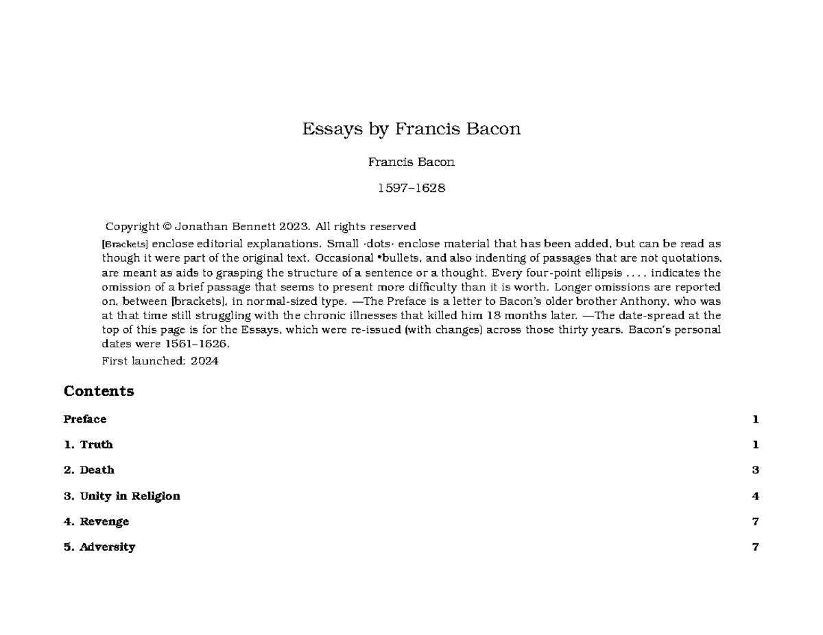 Essays by Francis Bacon: Editorial Explanations and Insights - Studocu