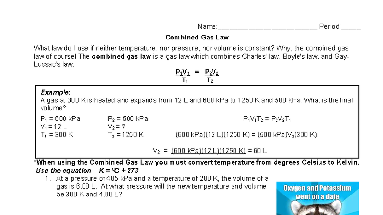 Combined Gas Law: Applications and Examples in Ideal Gas Laws - Studocu