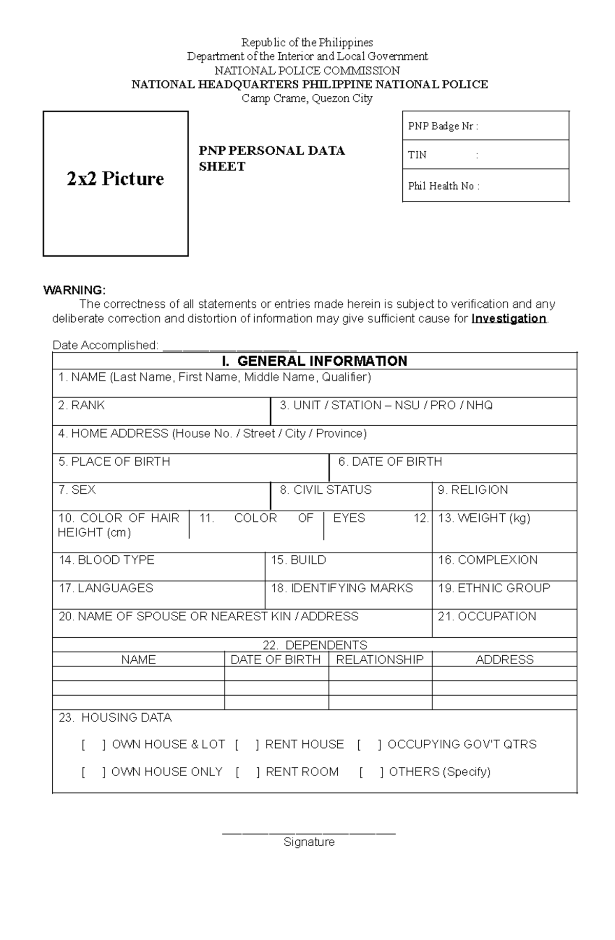 PNP Personal Data Sheet (PDS) - Official Form - Studocu