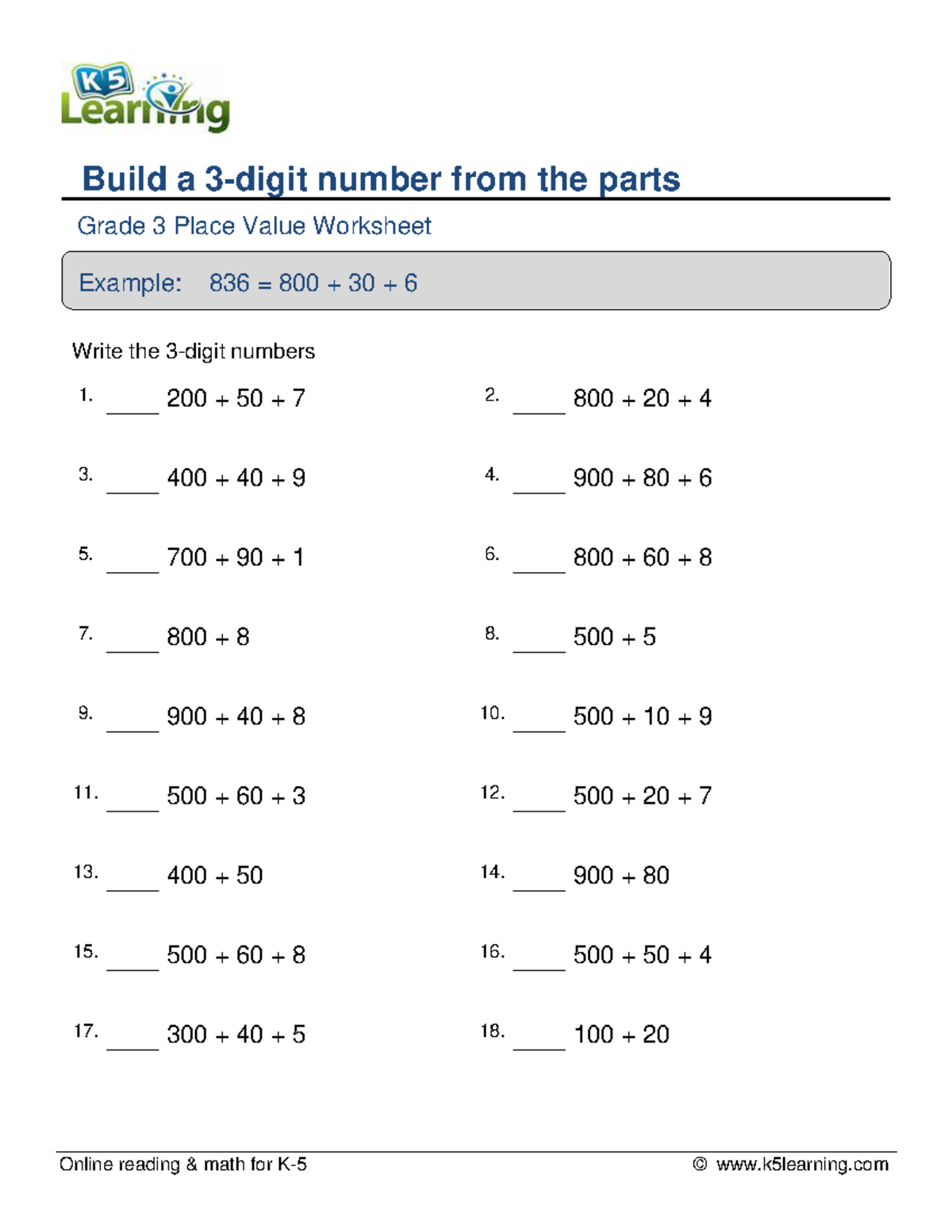 Grade 3 Place Value Worksheet: Build 3-Digit Numbers from Parts - Studocu