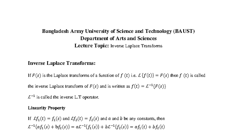 BAUST Arts & Sciences Lecture: Inverse Laplace Transforms - Studocu