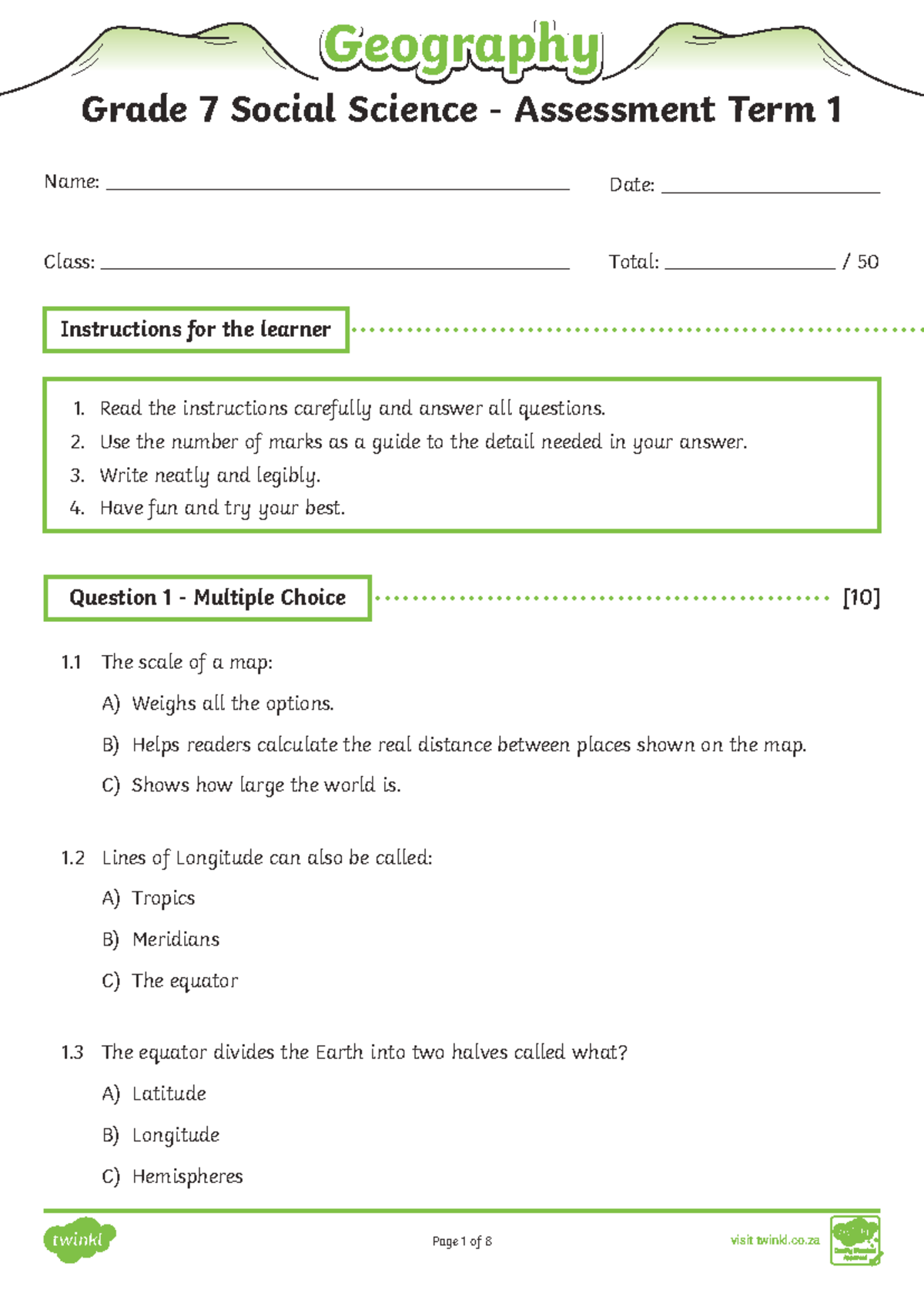 Grade 7 Geography Term 1 Assessment: Social Science Questions and ...