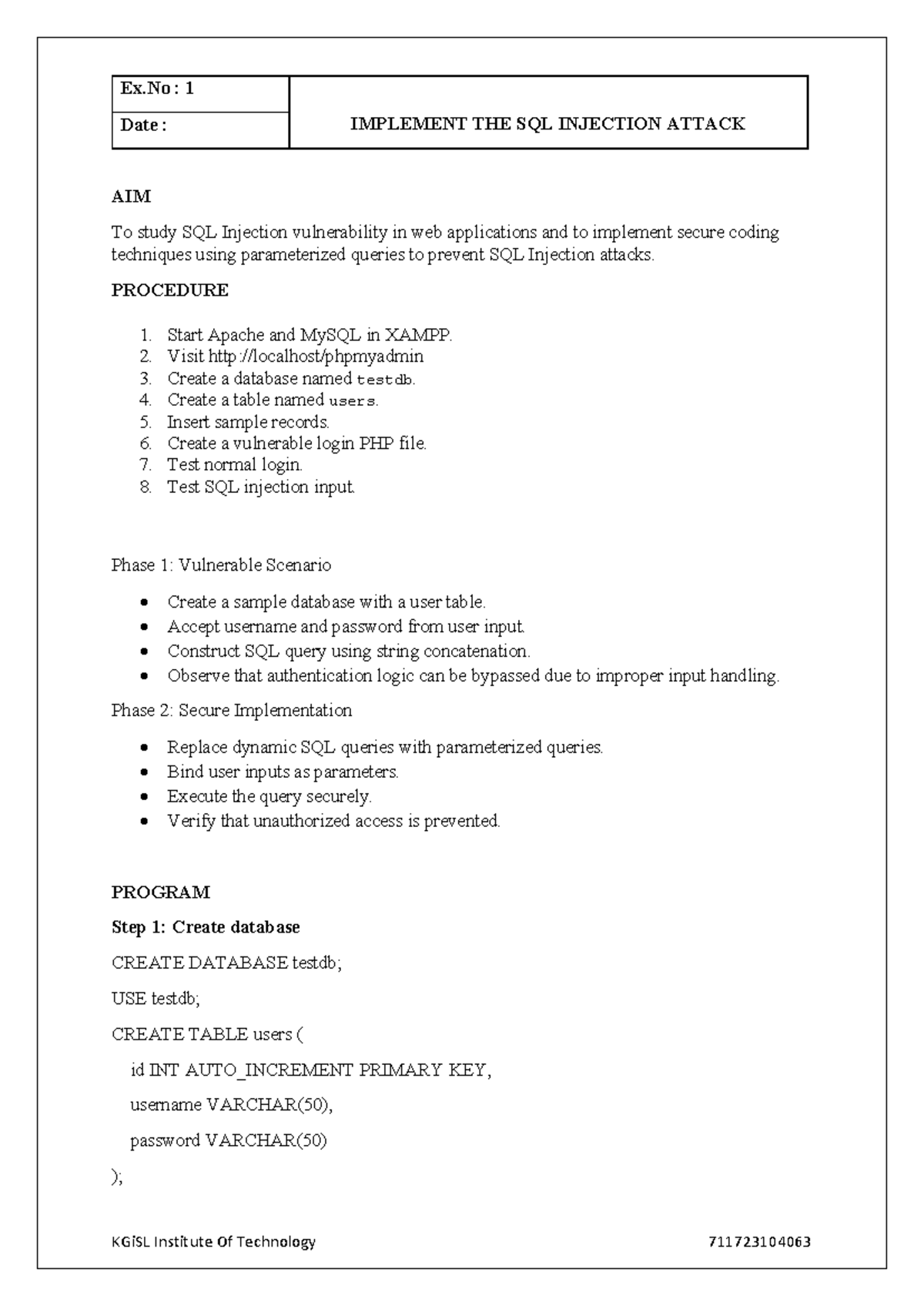 SQL Injection & XSS Vulnerability Testing - Lab Manual (KGiSL ...