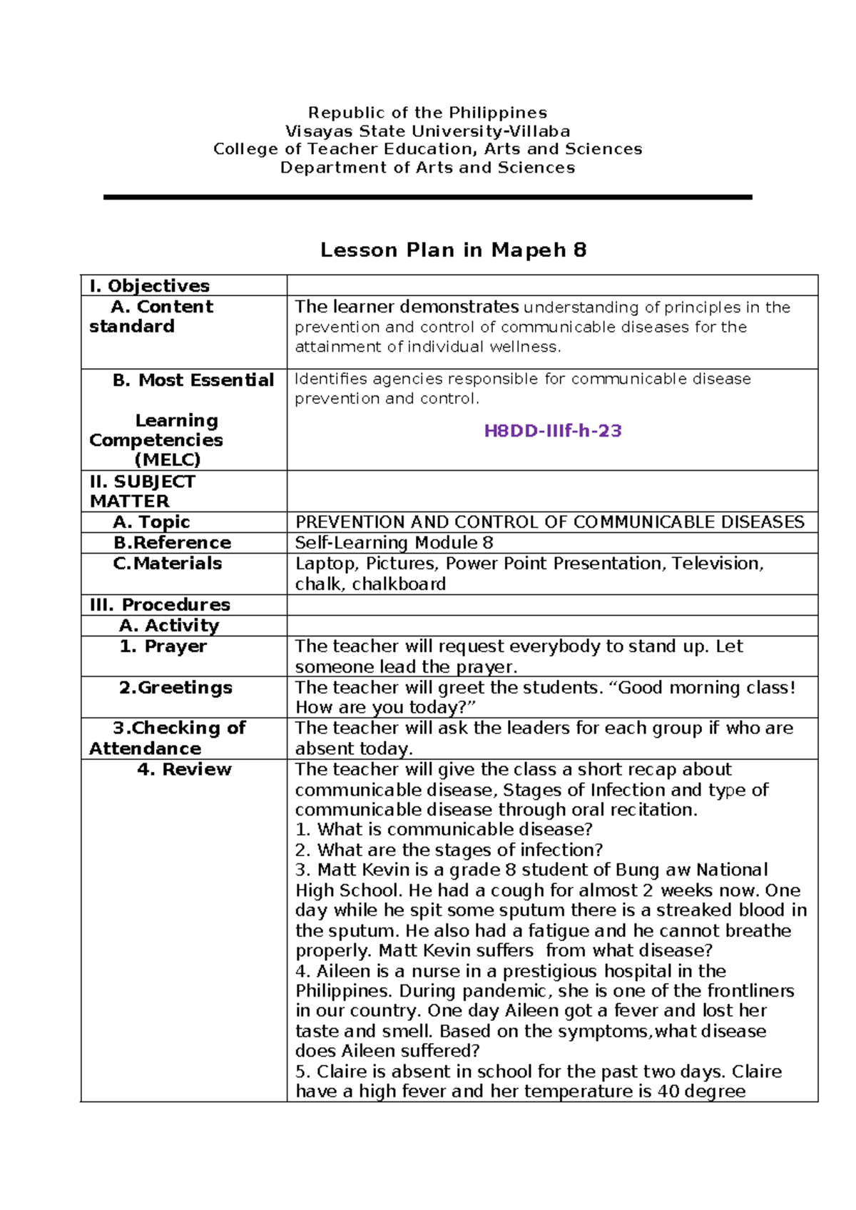 Sample-LP - LESSON PLAN - Republic of the Philippines Visayas State ...
