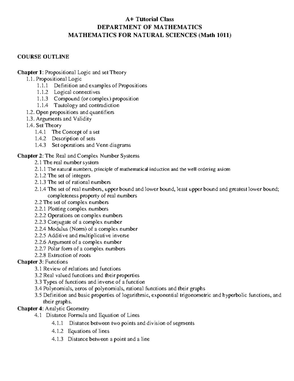 Math 1011 Course Outline: Propositional Logic to Analytic Geometry - Studocu