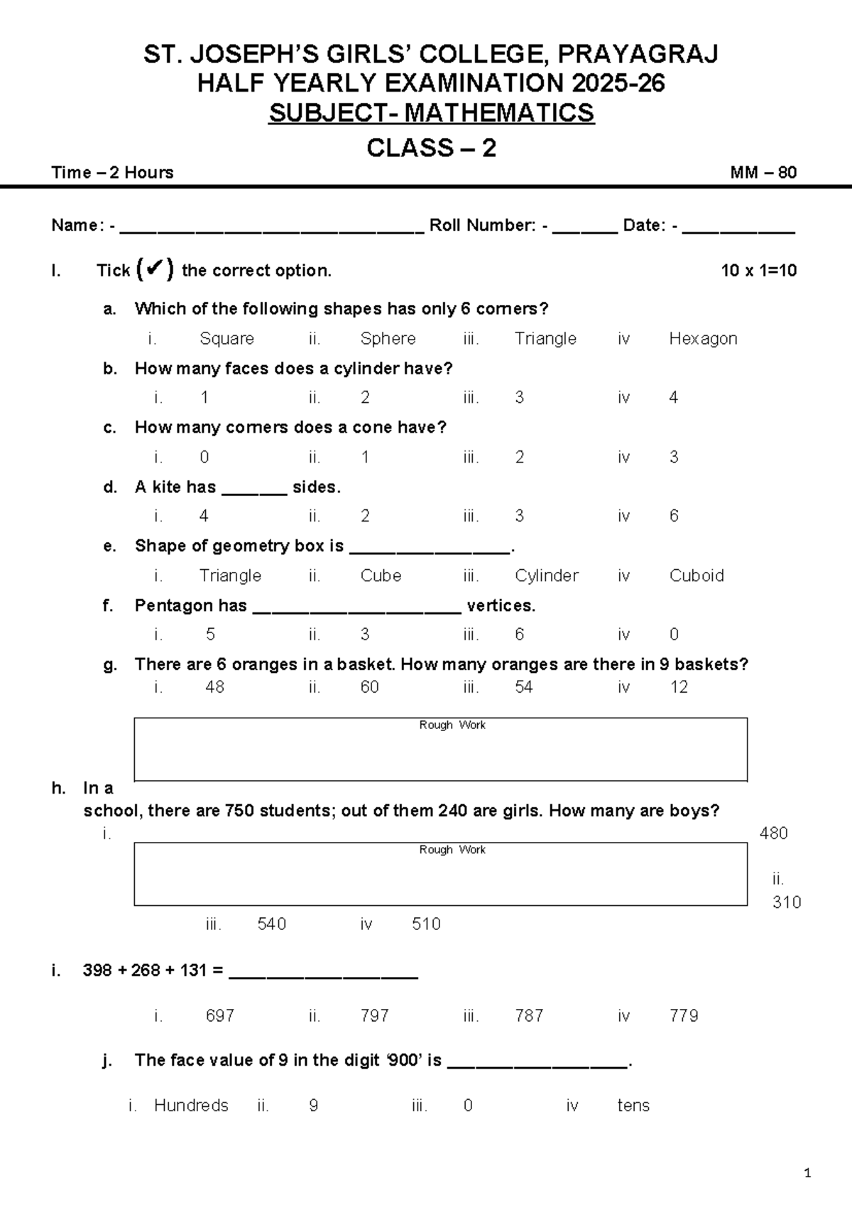H.Y 2025 Mathematics Class 2 Half Yearly Exam Paper - Studocu