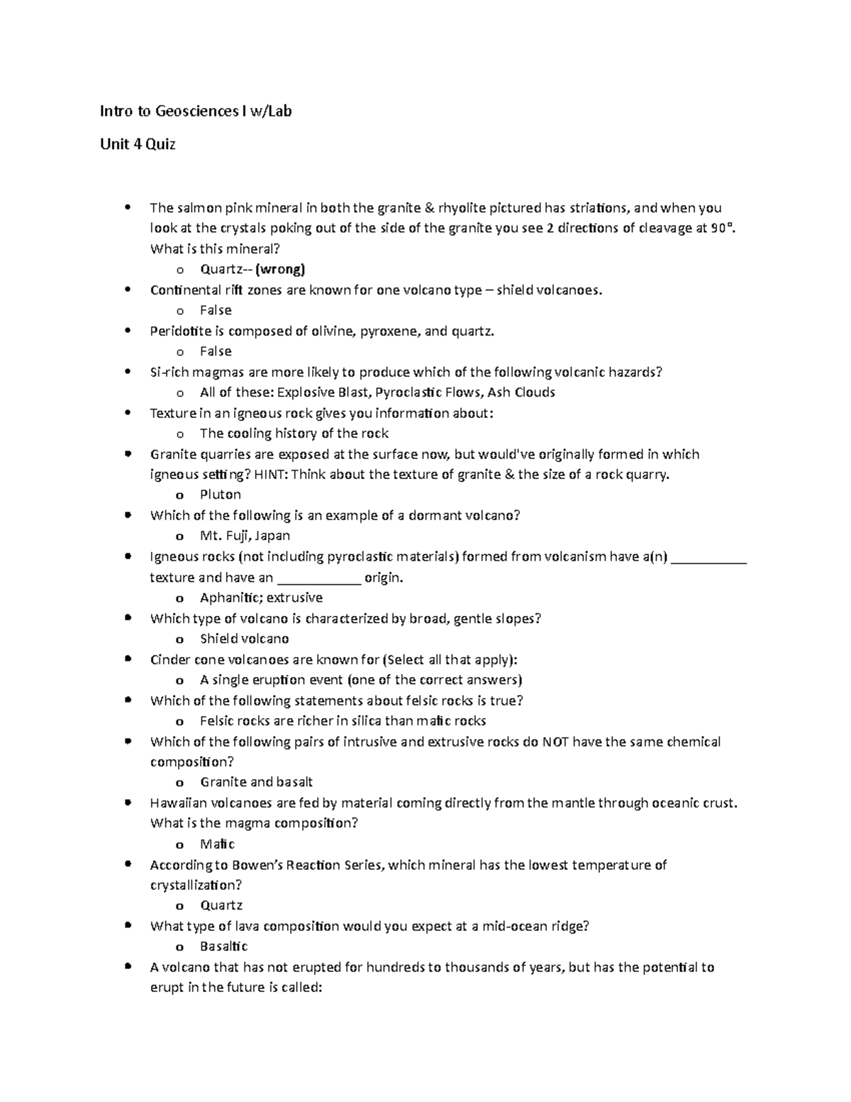 Igneous Rocks and Volcanic Processes Unit 4 Quiz - Intro to Geosciences ...