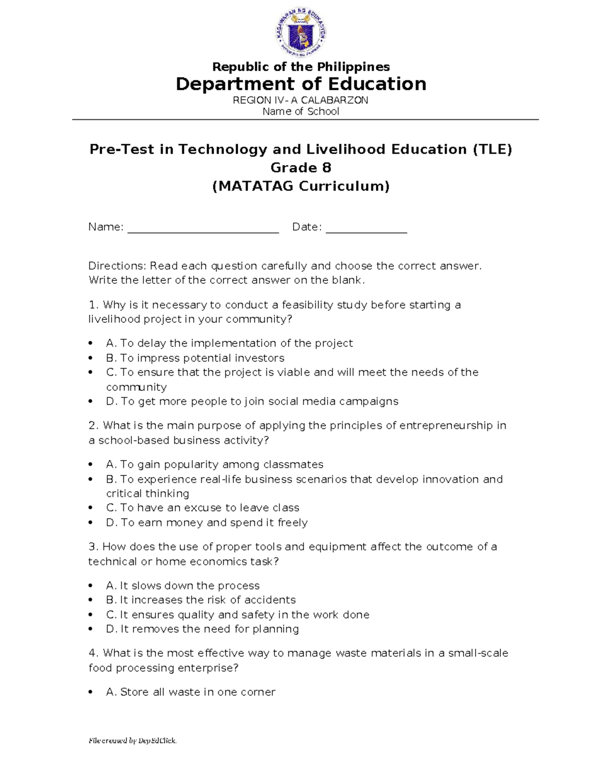 TLE Grade 8 Pre-Test: Feasibility & Entrepreneurship Concepts - Studocu