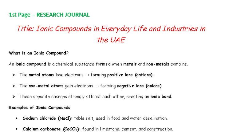 CHEM 101: Ionic Compounds in Everyday Life & UAE Industries - Studocu