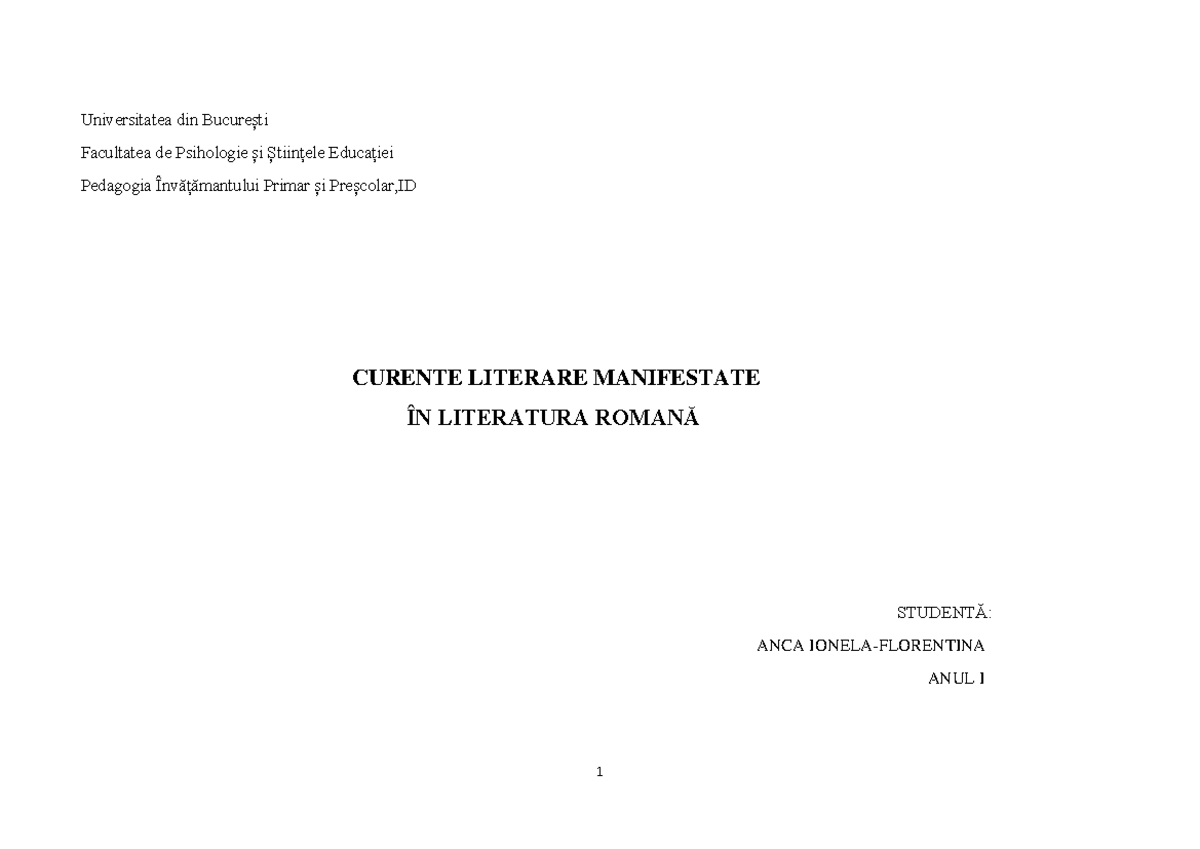 Curente Literare în Literatura Română - TEMĂ DE CONTROL - Studocu