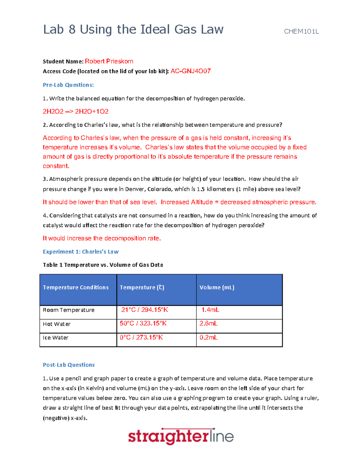 Lab 8: Exploring Charles's Law and Ideal Gas Behavior - Studocu