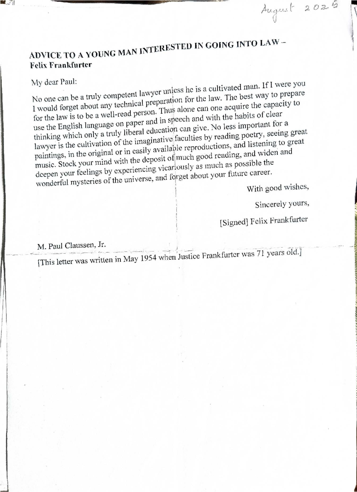 Law Career Guidance: Insights from Felix Frankfurter's Letter - Studocu