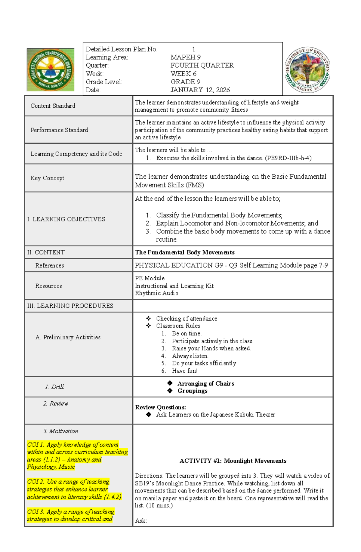 Lesson Exemplar CO 1 Q3: Understanding Locomotor & Axial Movements ...
