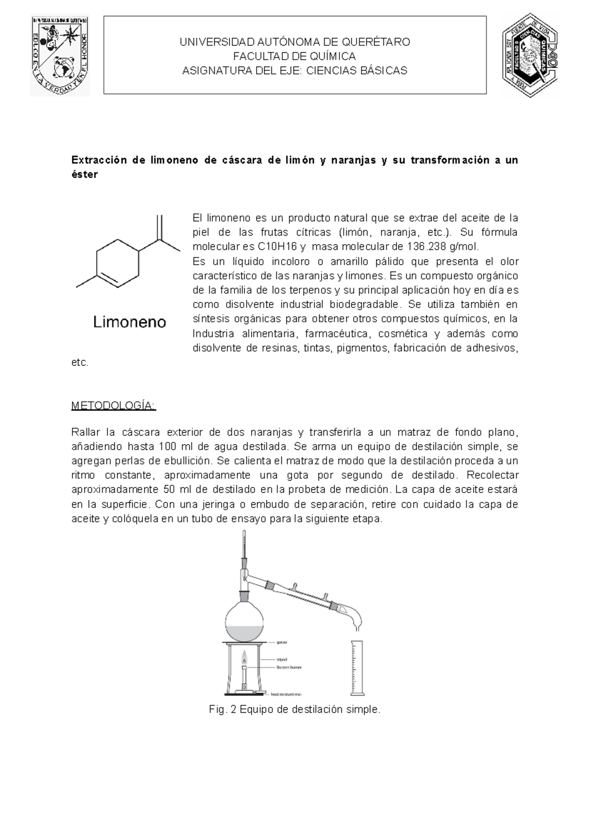 Extracción y Esterificación de Limoneno: Química Básica 101 - Studocu