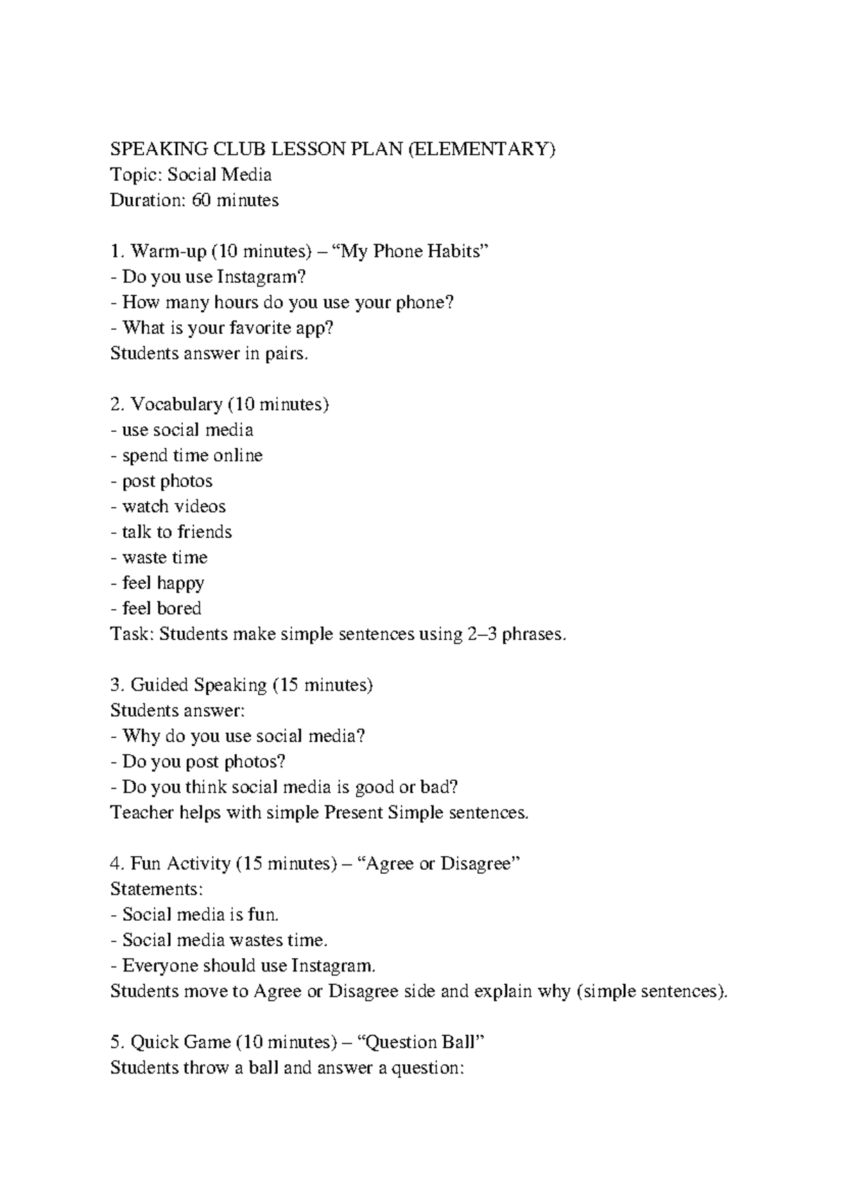 SPEAKING CLUB LESSON PLAN (ELEMENTARY): Social Media Activities - Studocu